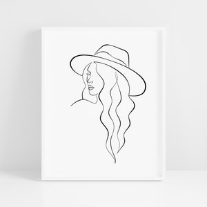 Woman in Cowboy Hat Line Art, Bohemian Woman Line Drawing, Female ...