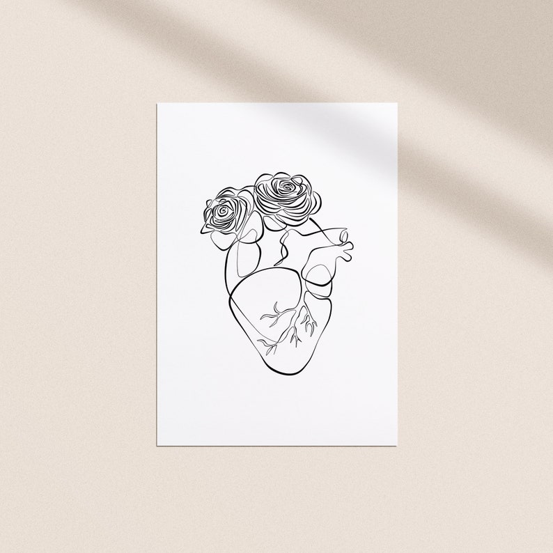 Flower Heart Line Art, Anatomical Heart Print, Human Heart Poster ...