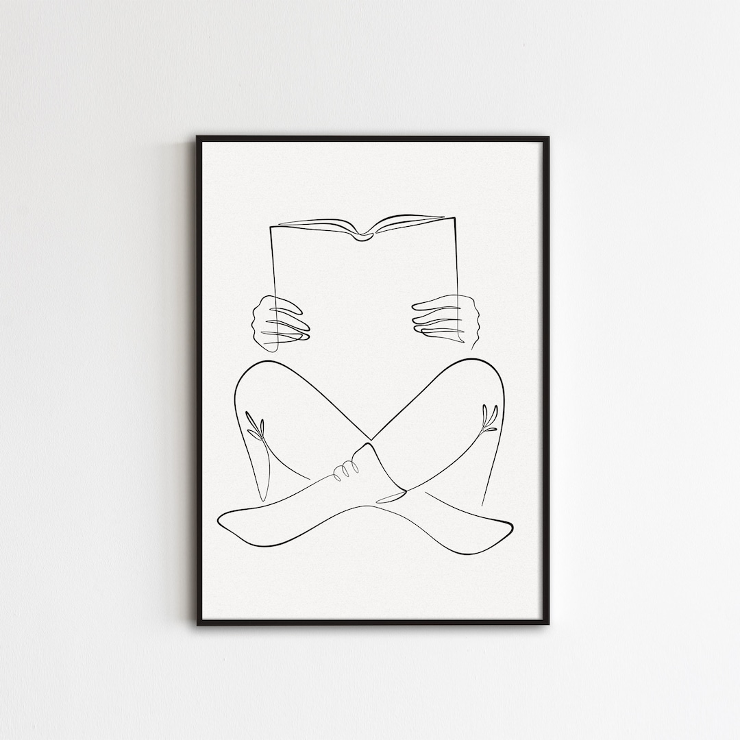 Reading Line Art, Girl Reading Book Print, Woman and Book Line Drawing ...