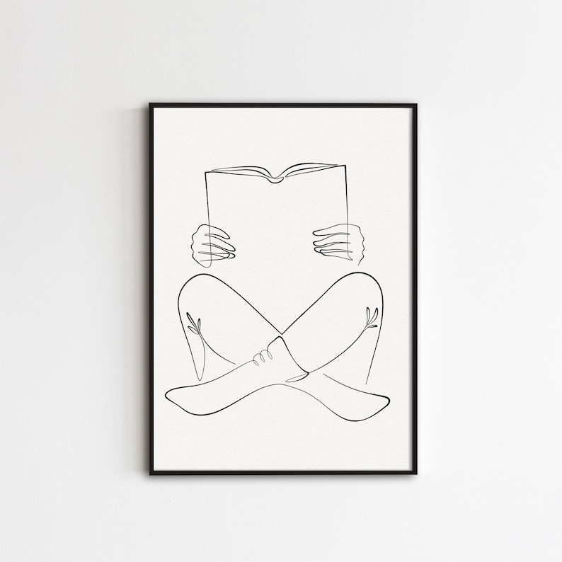 Reading Line Art Girl Reading Book Print Woman and Book Line - Etsy