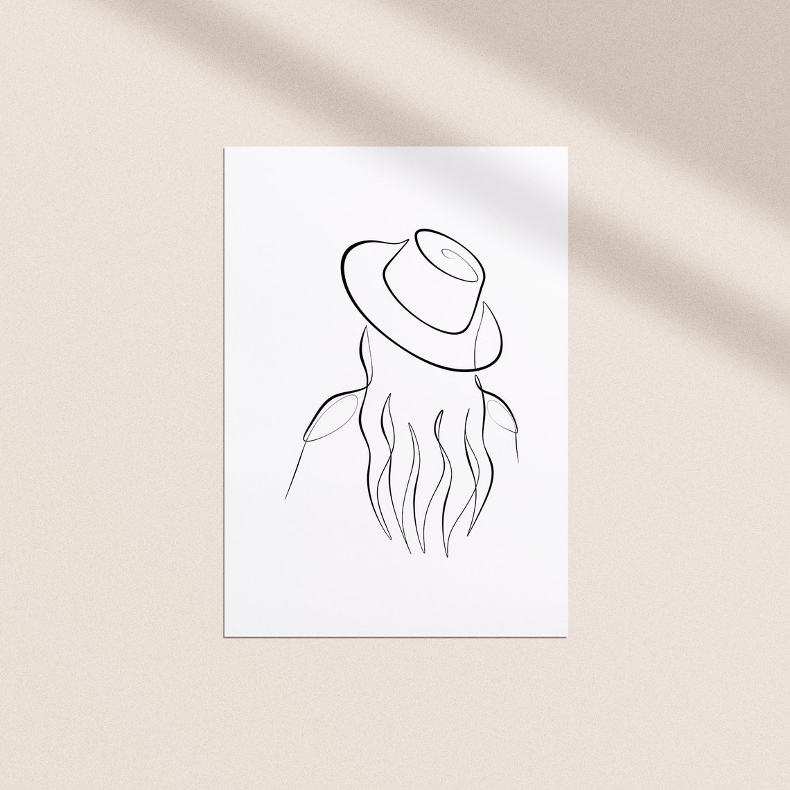 Woman Back Line Art Boho Female Drawing Minimal Girl in Hat | Etsy