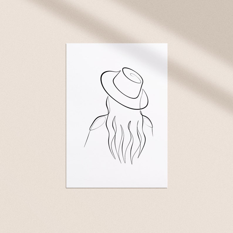 Woman Back Line Art Boho Female Drawing Minimal Girl in Hat | Etsy