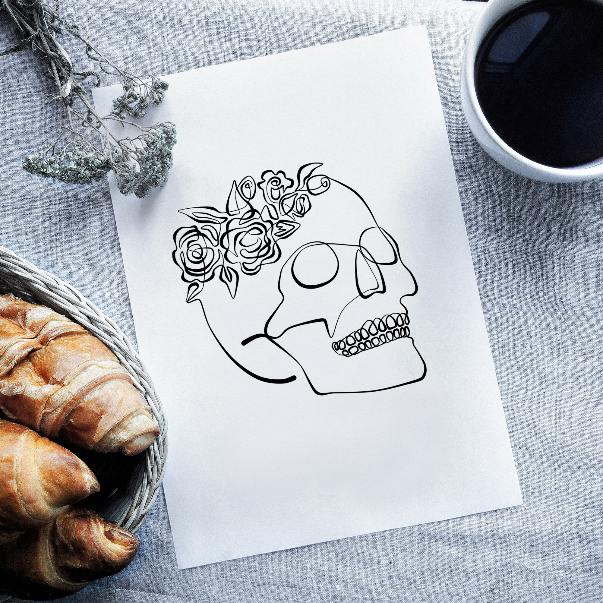 Flower Skull Line Art Anatomical Skull Print One Line - Etsy