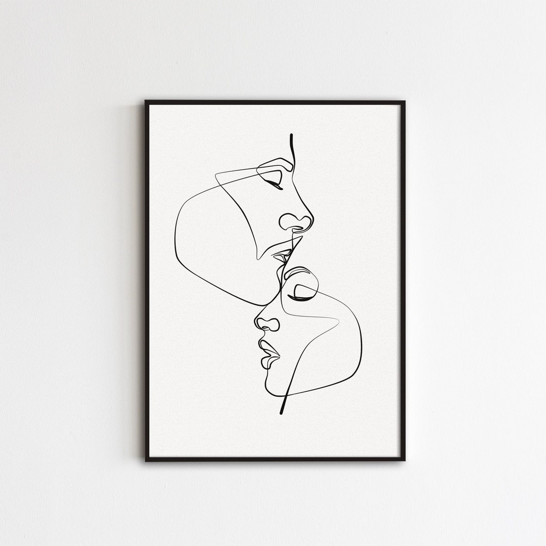 Couple Faces Line Art, Abstract Faces Print, Minimalist Kiss Art ...