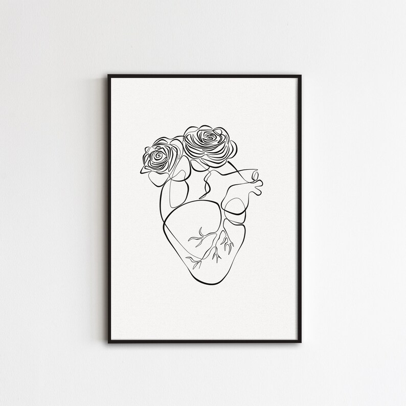 Flower Heart Line Art, Anatomical Heart Print, Human Heart Poster ...