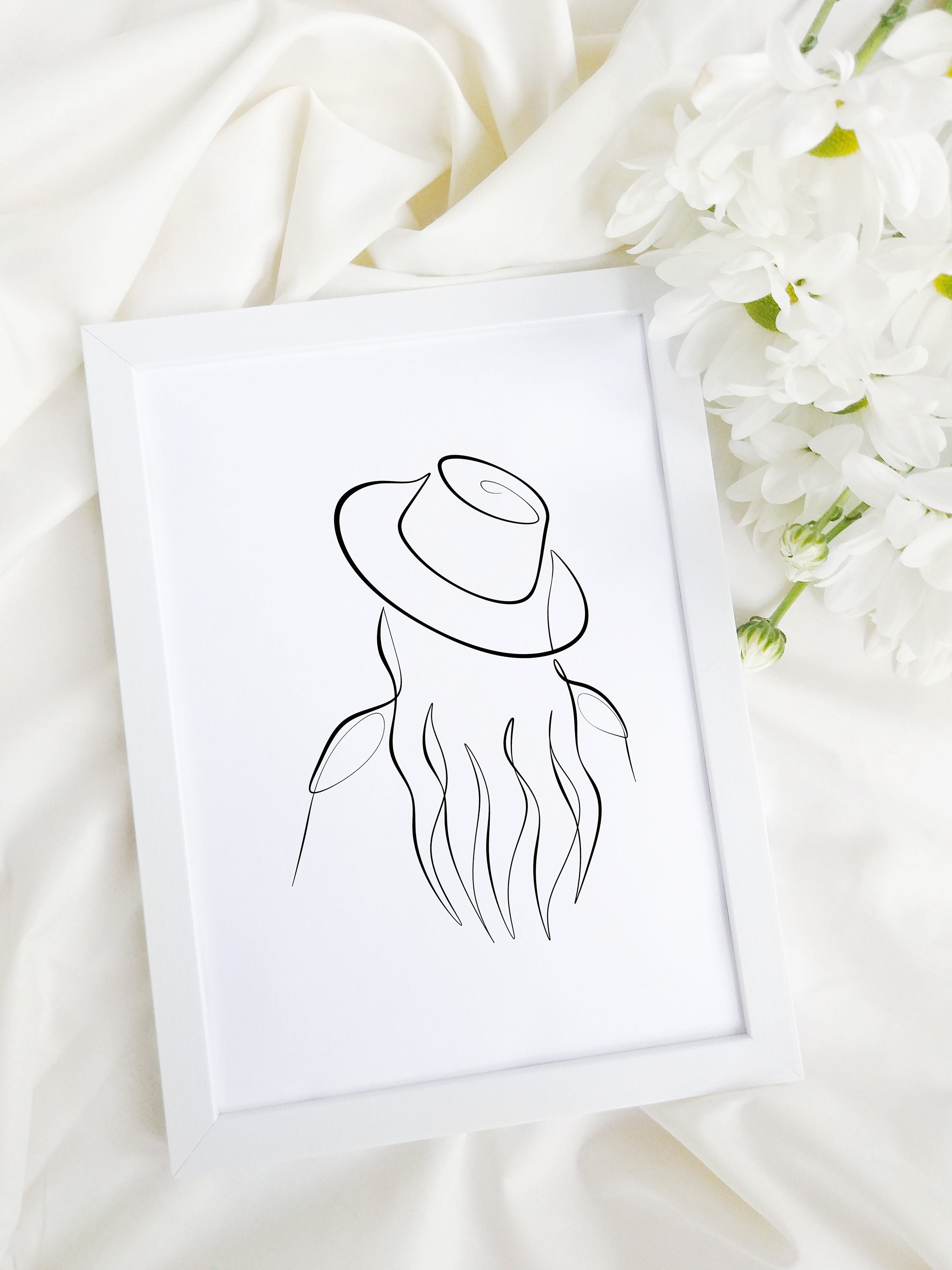 Woman Back Line Art Boho Female Drawing Minimal Girl in Hat | Etsy