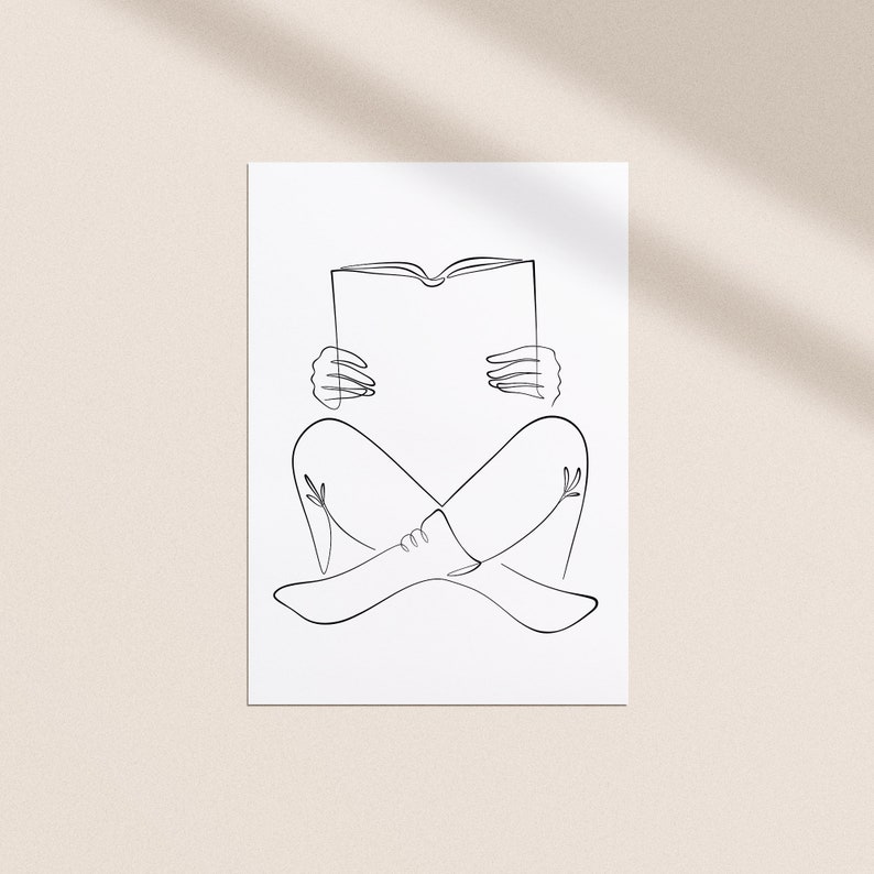 Reading Line Art Girl Reading Book Print Woman and Book Line - Etsy