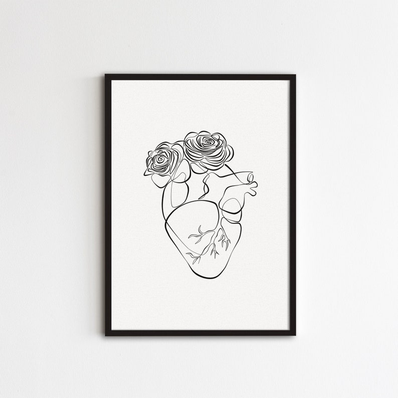 Flower Heart Line Art Anatomical Heart Print Human Heart | Etsy