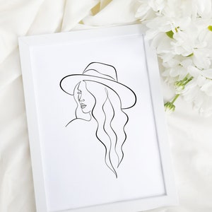 Woman in Cowboy Hat Line Art, Bohemian Woman Line Drawing, Female ...