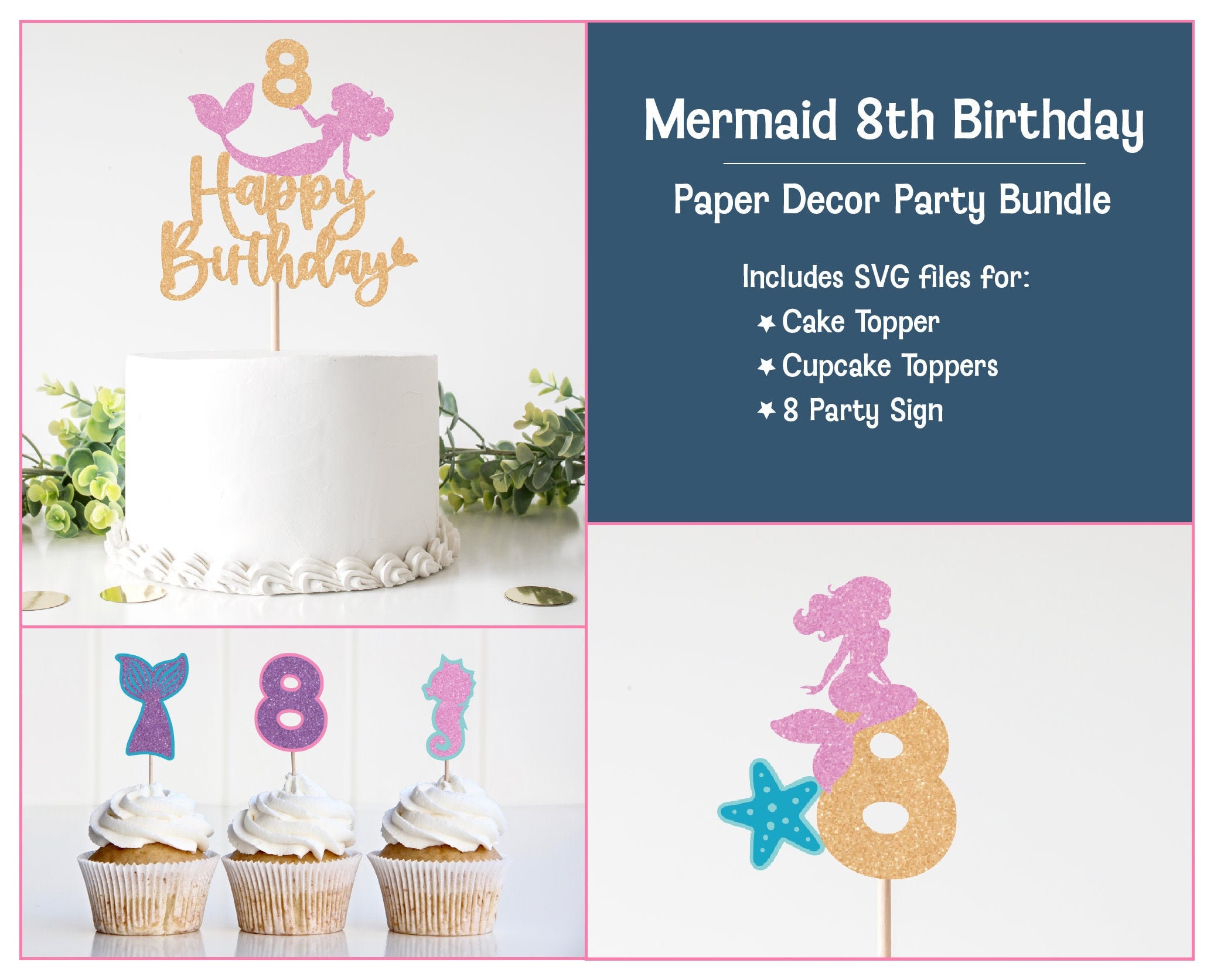 Mermaid 8th Birthday Cake Topper Svg, Mermaid Birthday Cupcake Toppers ...