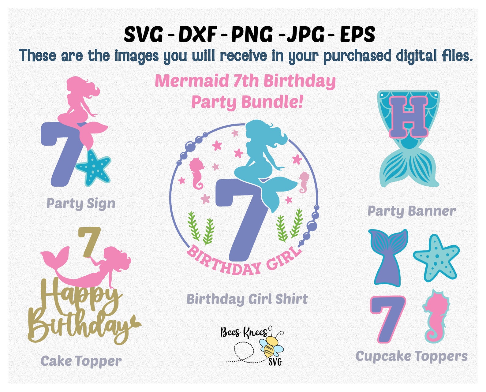 Mermaid 7th Birthday Party Decorations, Mermaid Birthday Bundle Svg ...