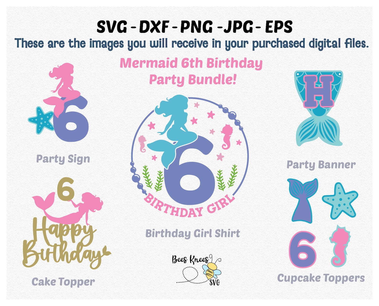 Mermaid 6th Birthday Party Decorations, Mermaid Birthday Bundle Svg ...