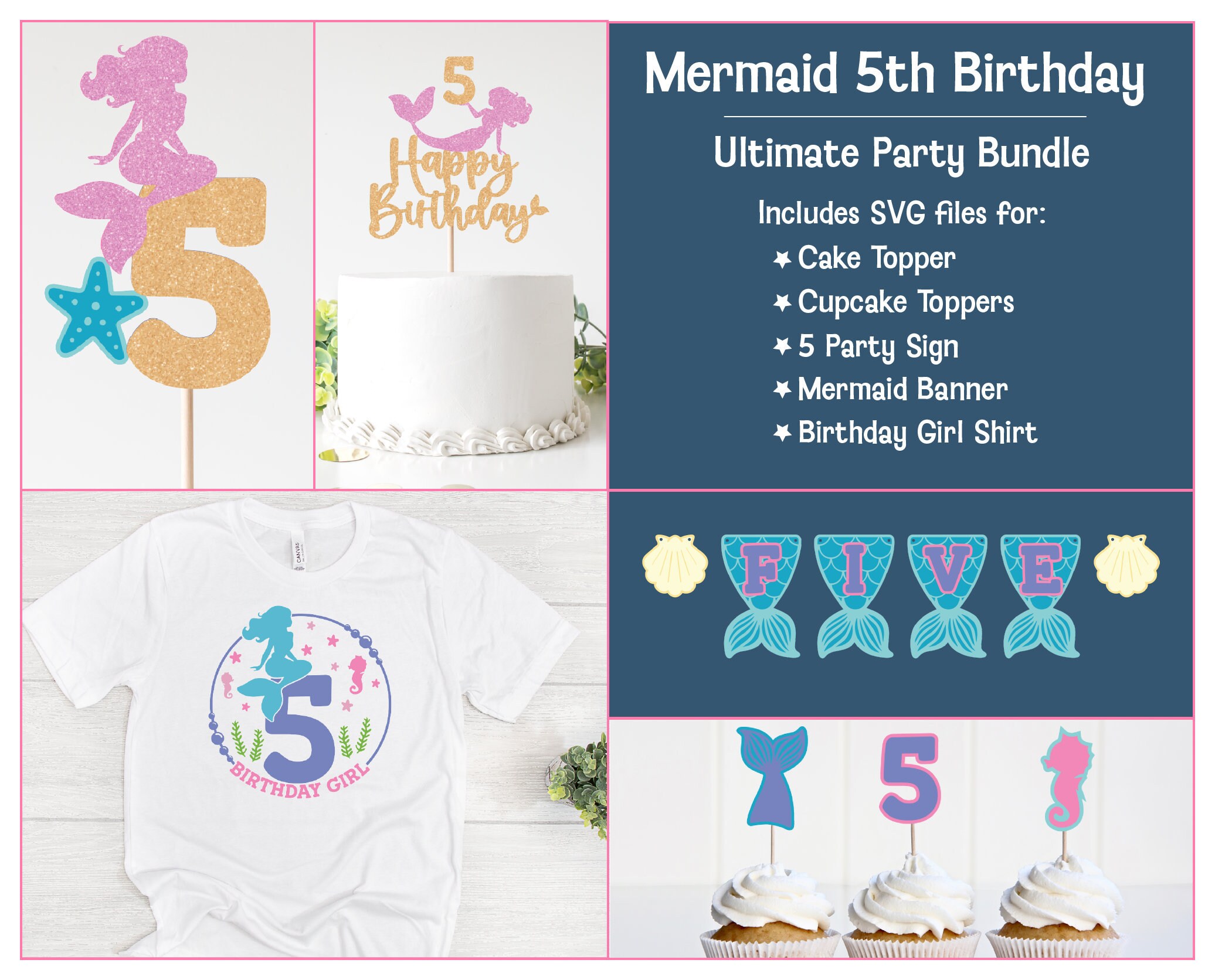 Mermaid 5th Birthday Party Decorations, Mermaid Birthday Bundle Svg ...