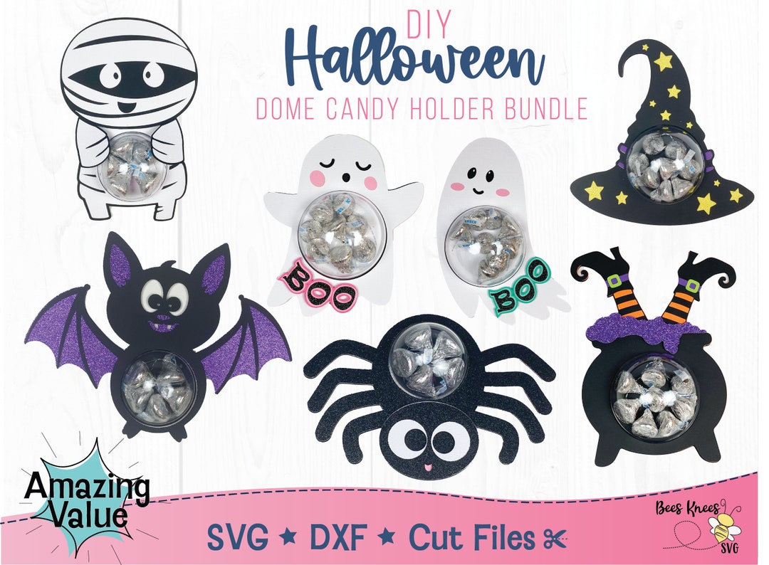 DIY Halloween Dome Candy Holder Svg, Fantasma, Bruja, Murciélago, Araña ...