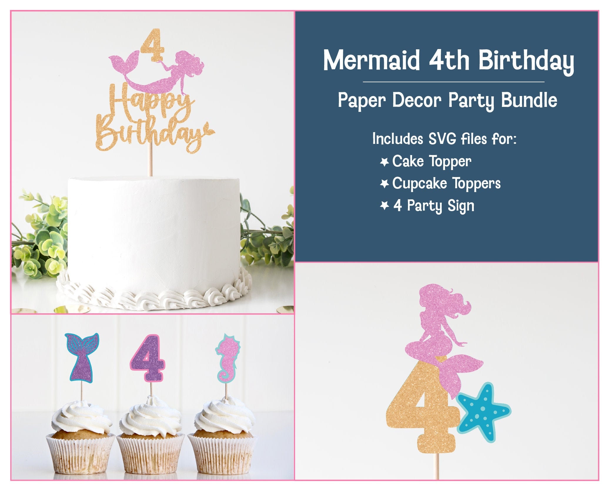 Mermaid 4th Birthday Cake Topper Svg Mermaid Birthday Cupcake - Etsy