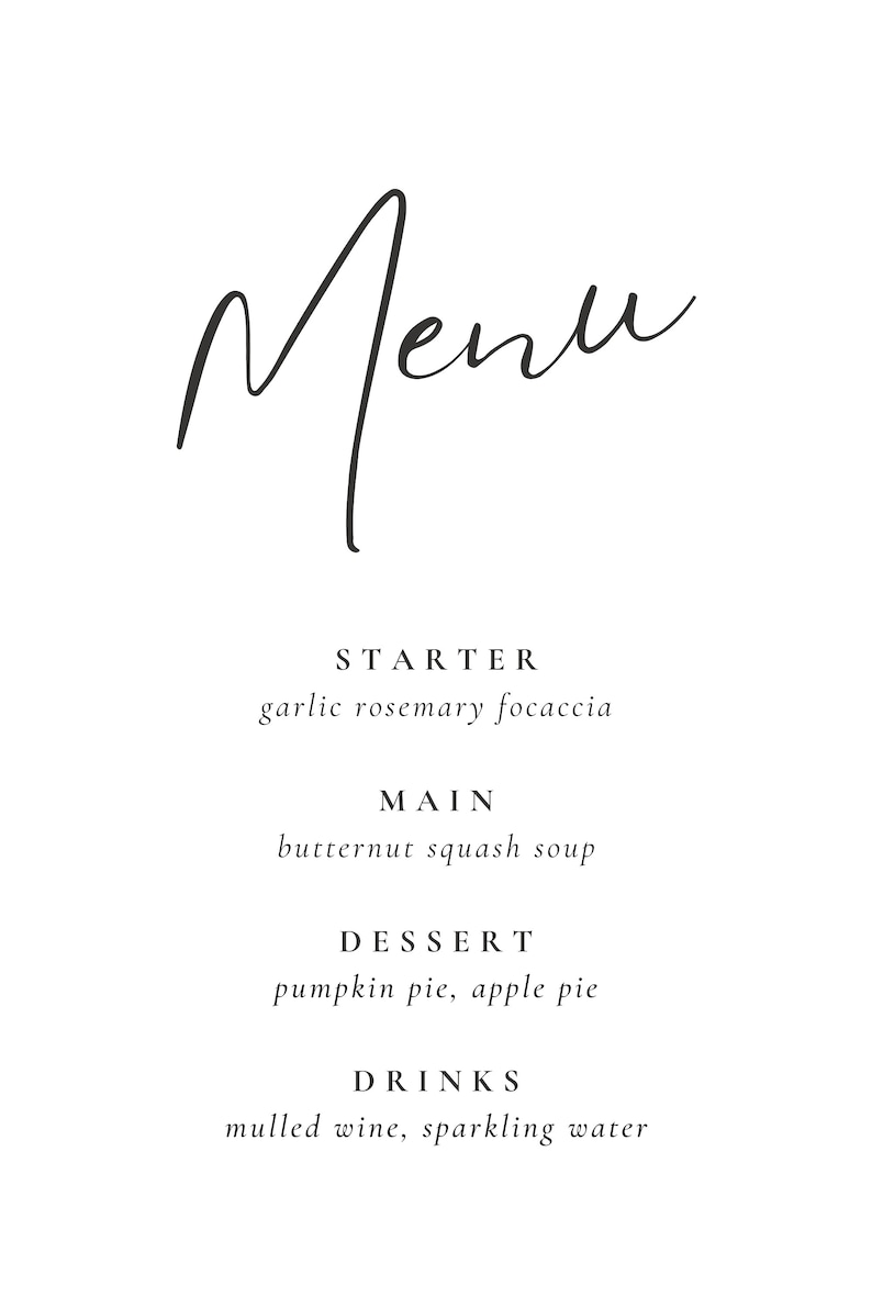 Minimalist Menu Template, Modern Dinner Party Menu, Wedding Dinner Menu ...
