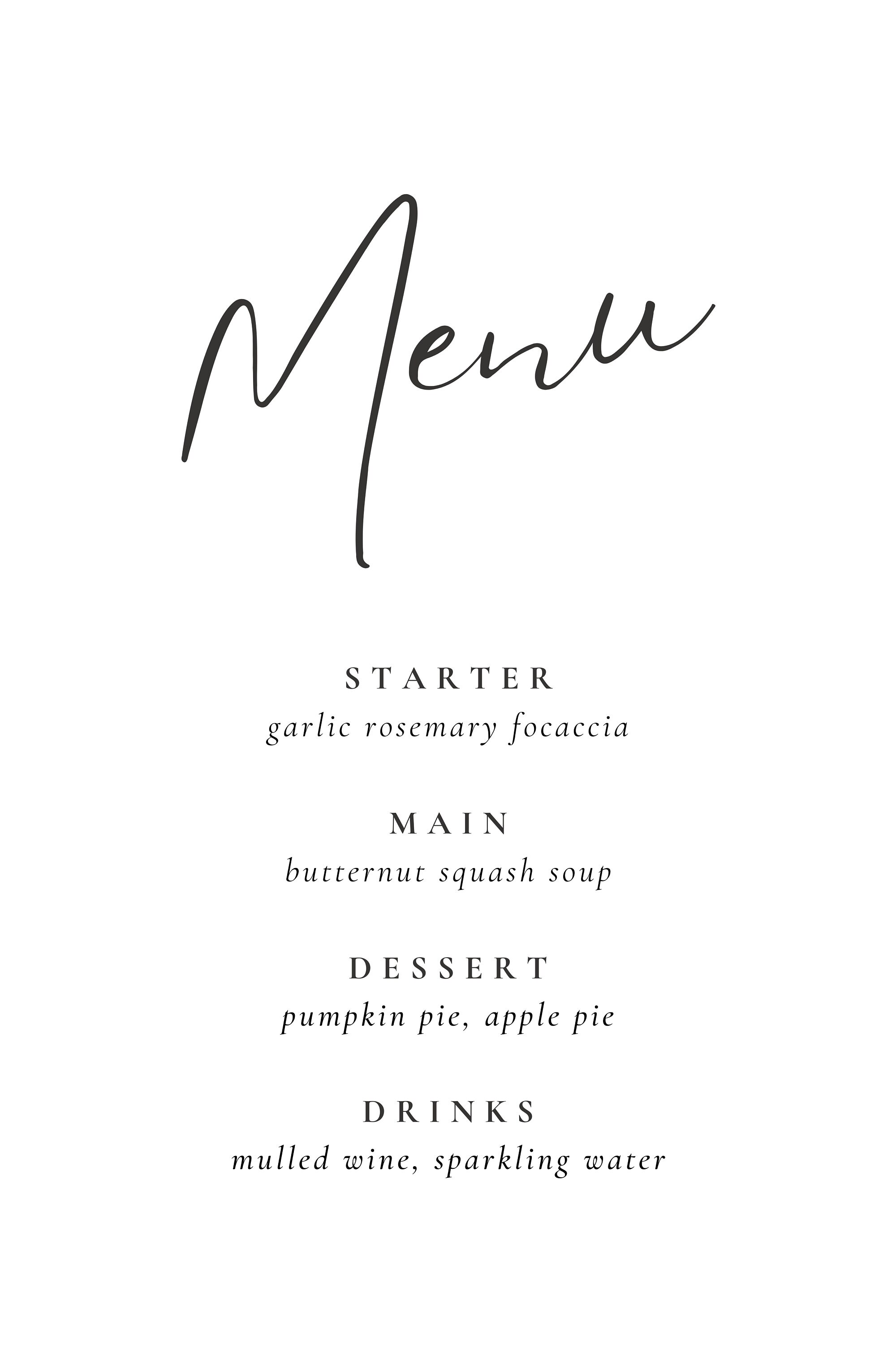 Minimalist Menu Template, Modern Dinner Party Menu, Wedding Dinner Menu ...