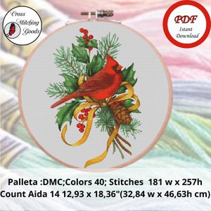 Cardinal and Holly Cross Stitch Pattern , Modern Cross Stitch Pattern ...