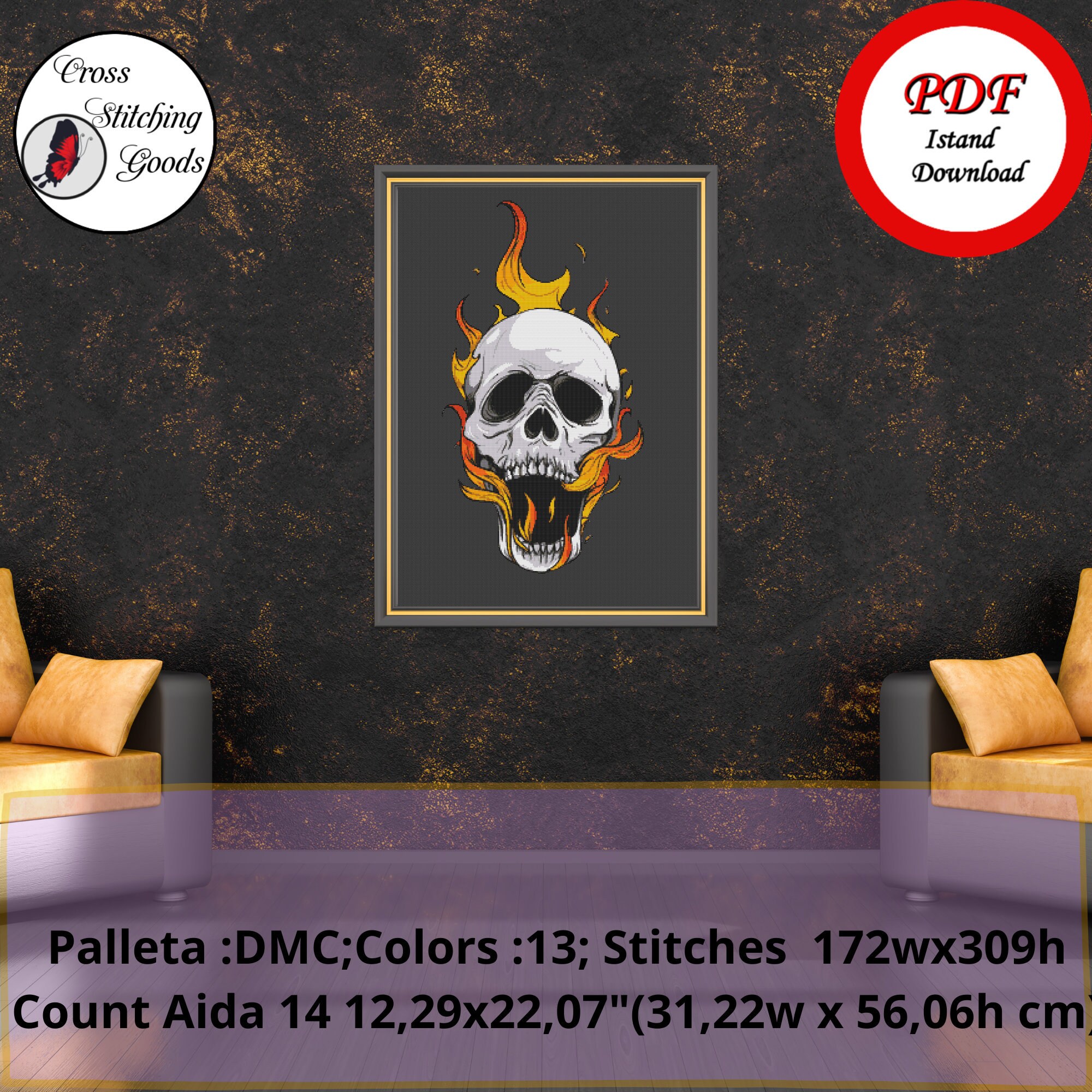 Fire Skull Cross Stitch Pattern Modern Cross Stitch Pattern | Etsy