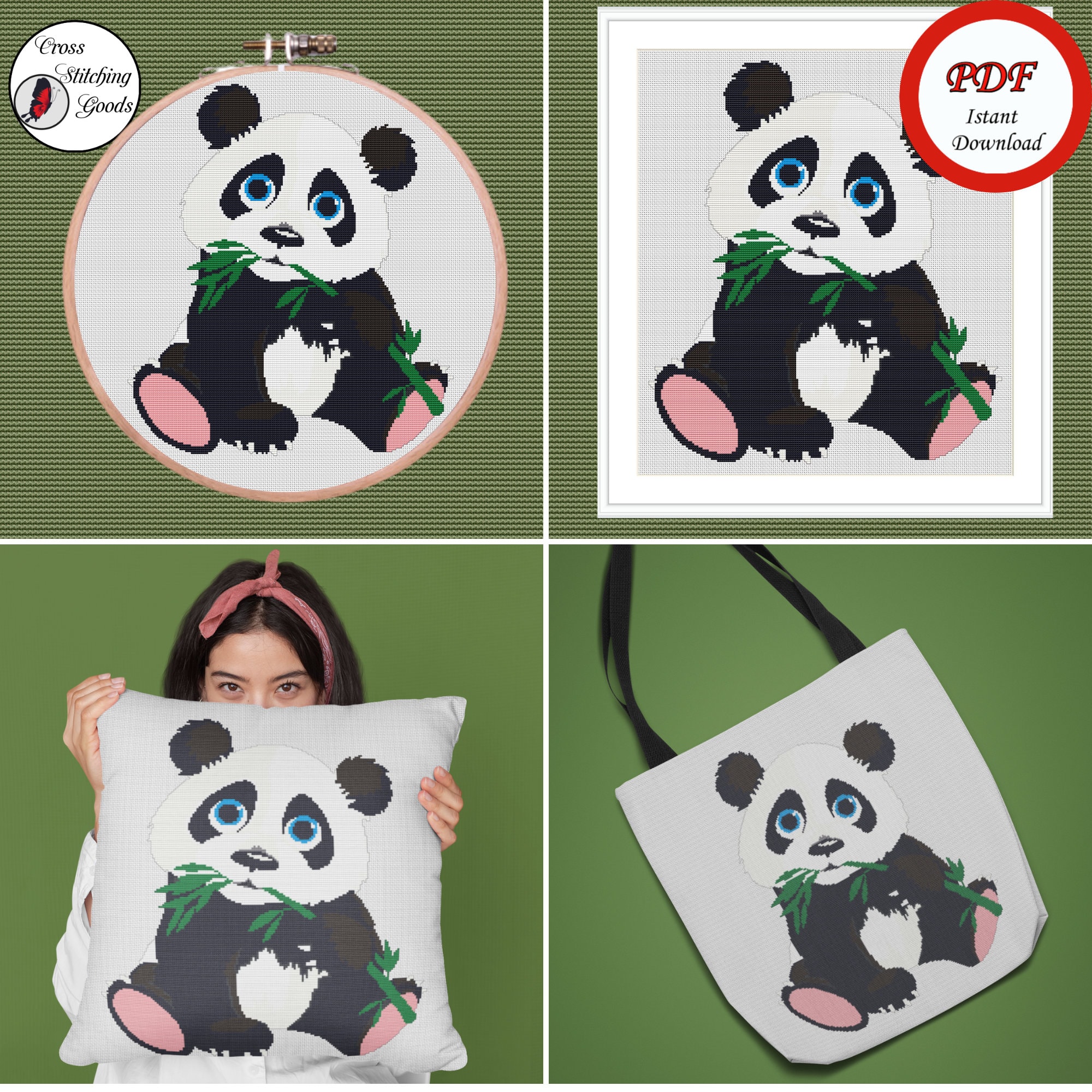Set Cute Pandas Set of 6 Pandas Cross Stitch Patterns , Modern Cross ...