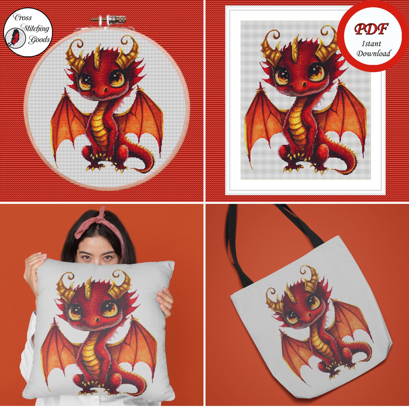 Cute Red Dragons Set of 4 Dragons Cross Stitch Patterns , Modern Cross ...