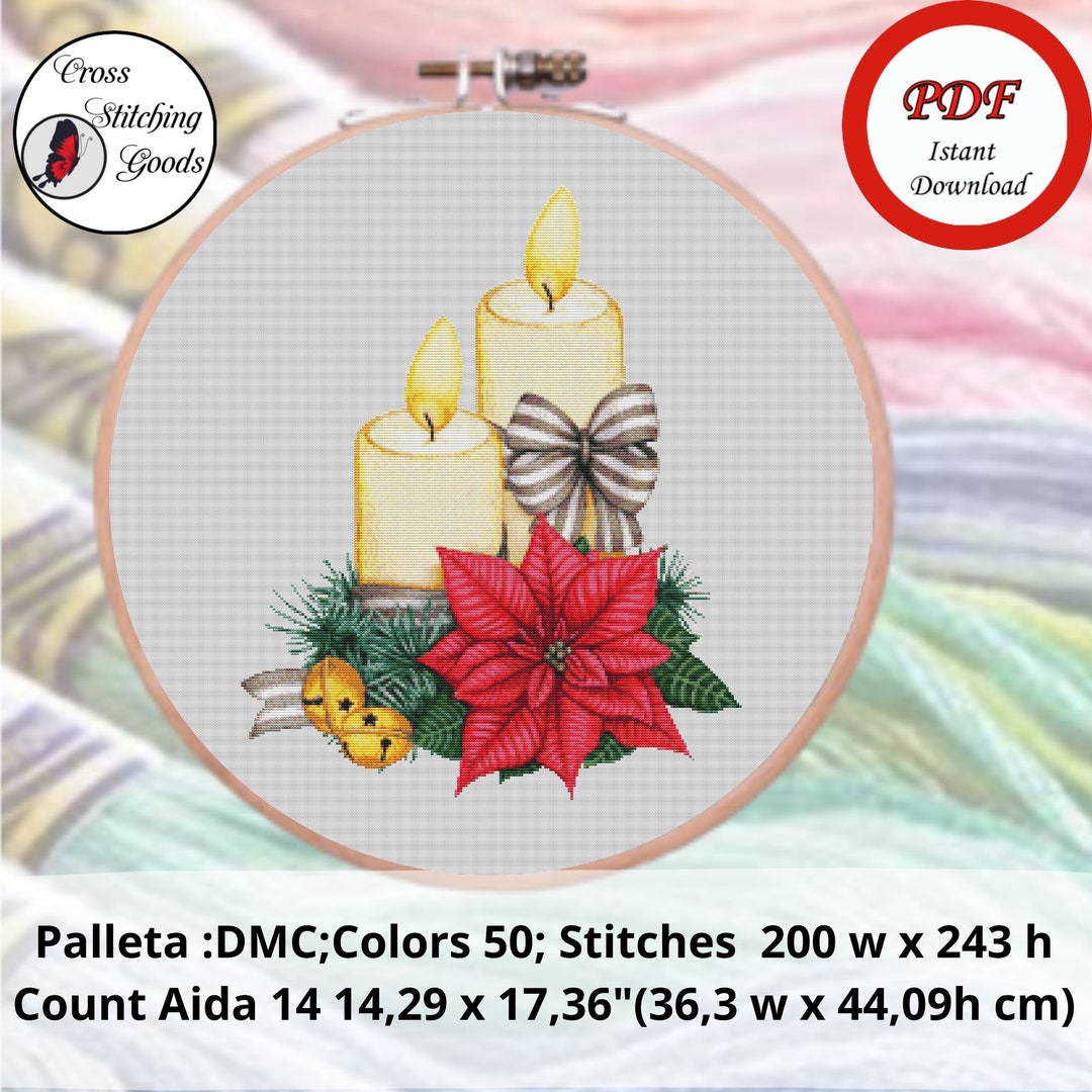 Candles and Poinsettia Cross Stitch Pattern , Christmas Design Cross ...