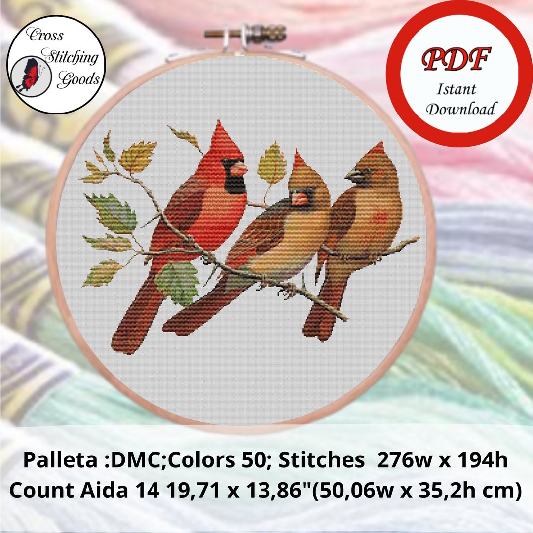 Autumn Three Cardinals Cross Stitch Pattern , Easy Cross Stitch Pattern ...