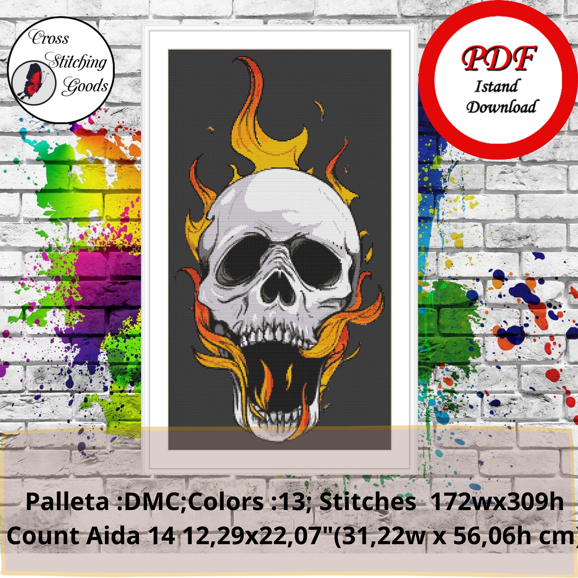 Fire Skull Cross Stitch Pattern Modern Cross Stitch Pattern | Etsy