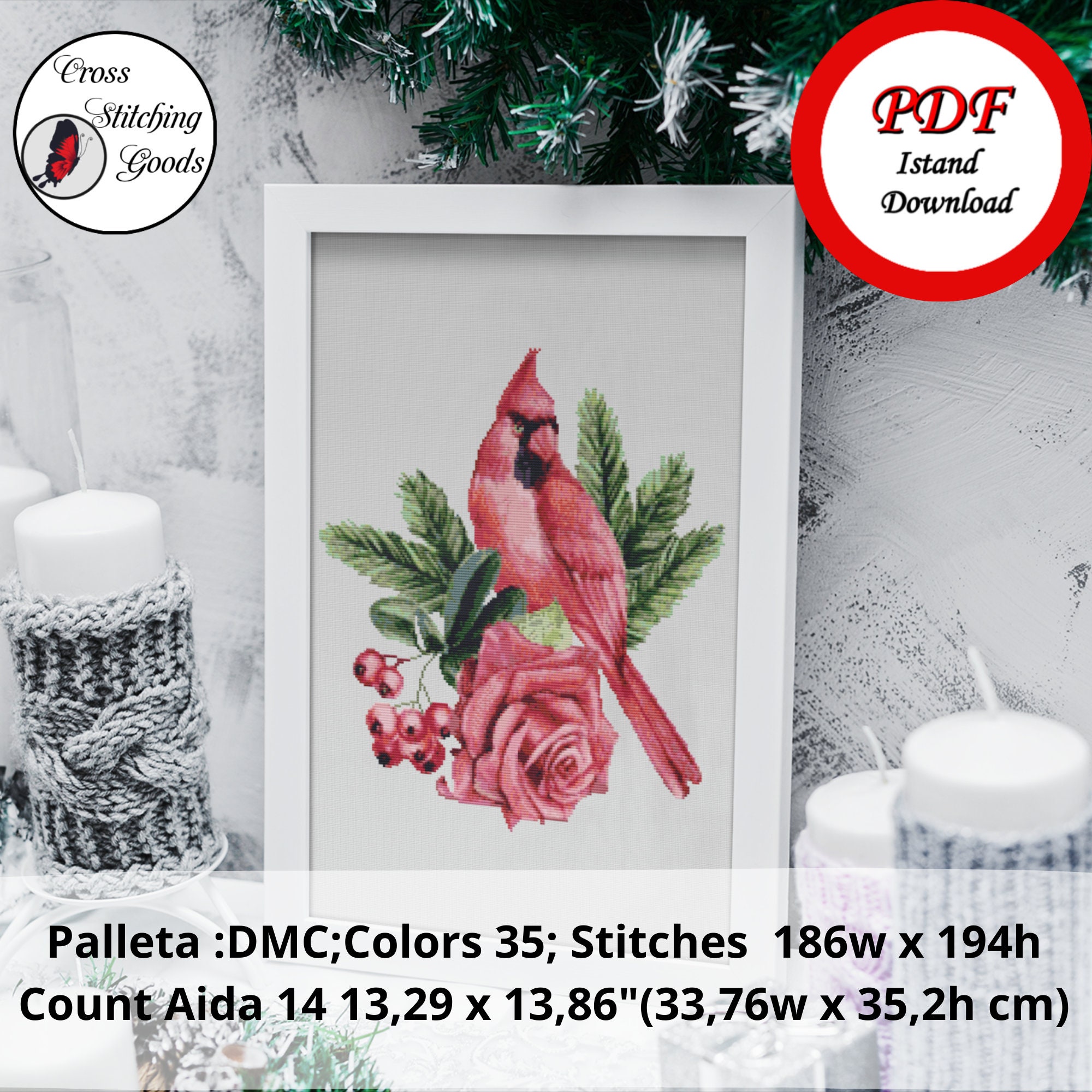 Christmas Spirit Red Nortern Cardinal and Rose Cross Stitch - Etsy