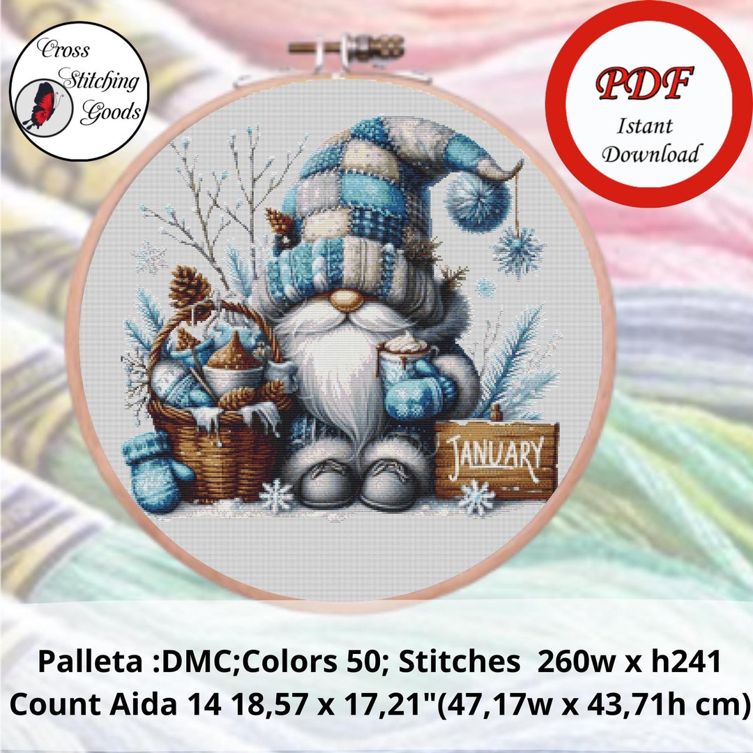 Gnome January,month's Gnomes, New Year Cross Stitch,fall Cross Stitch ...