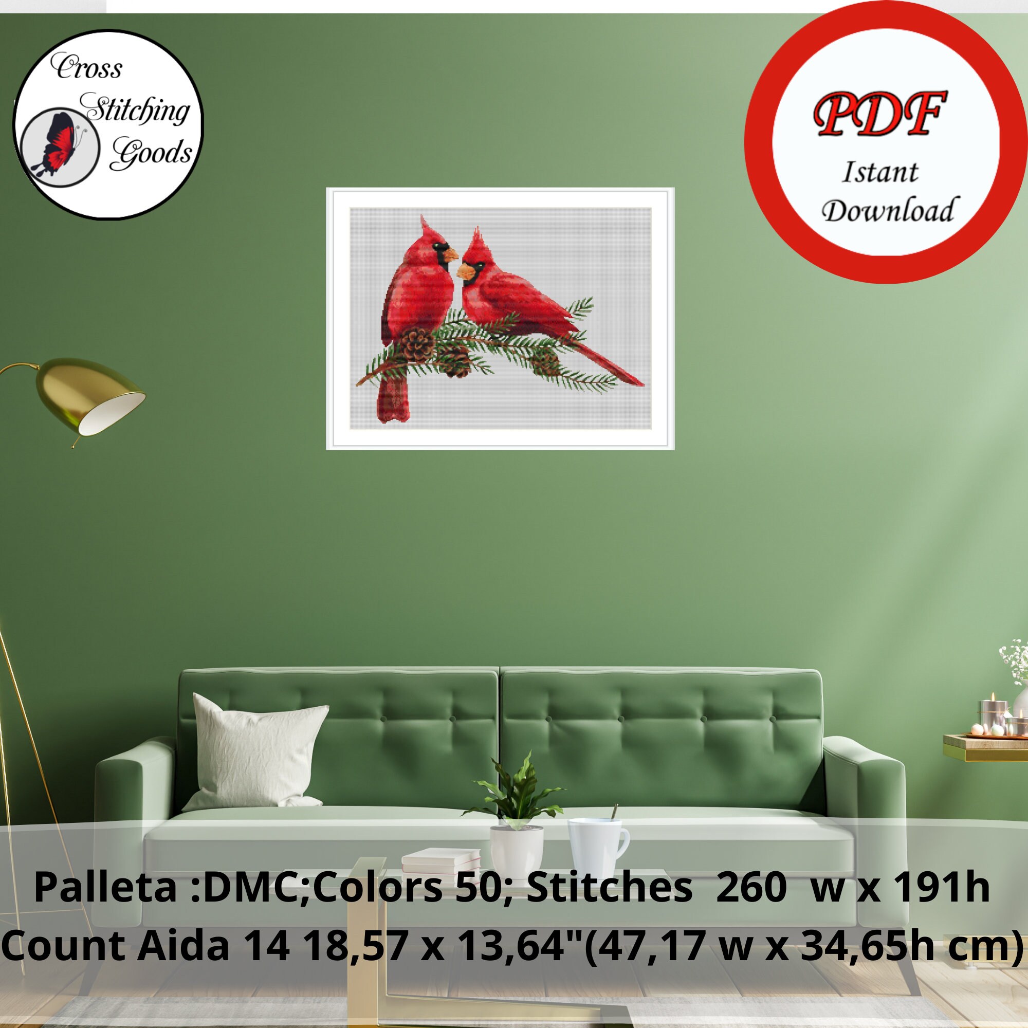 Red Nortern Cardinal Birds Cross Stitch Pattern Modern Cross | Etsy