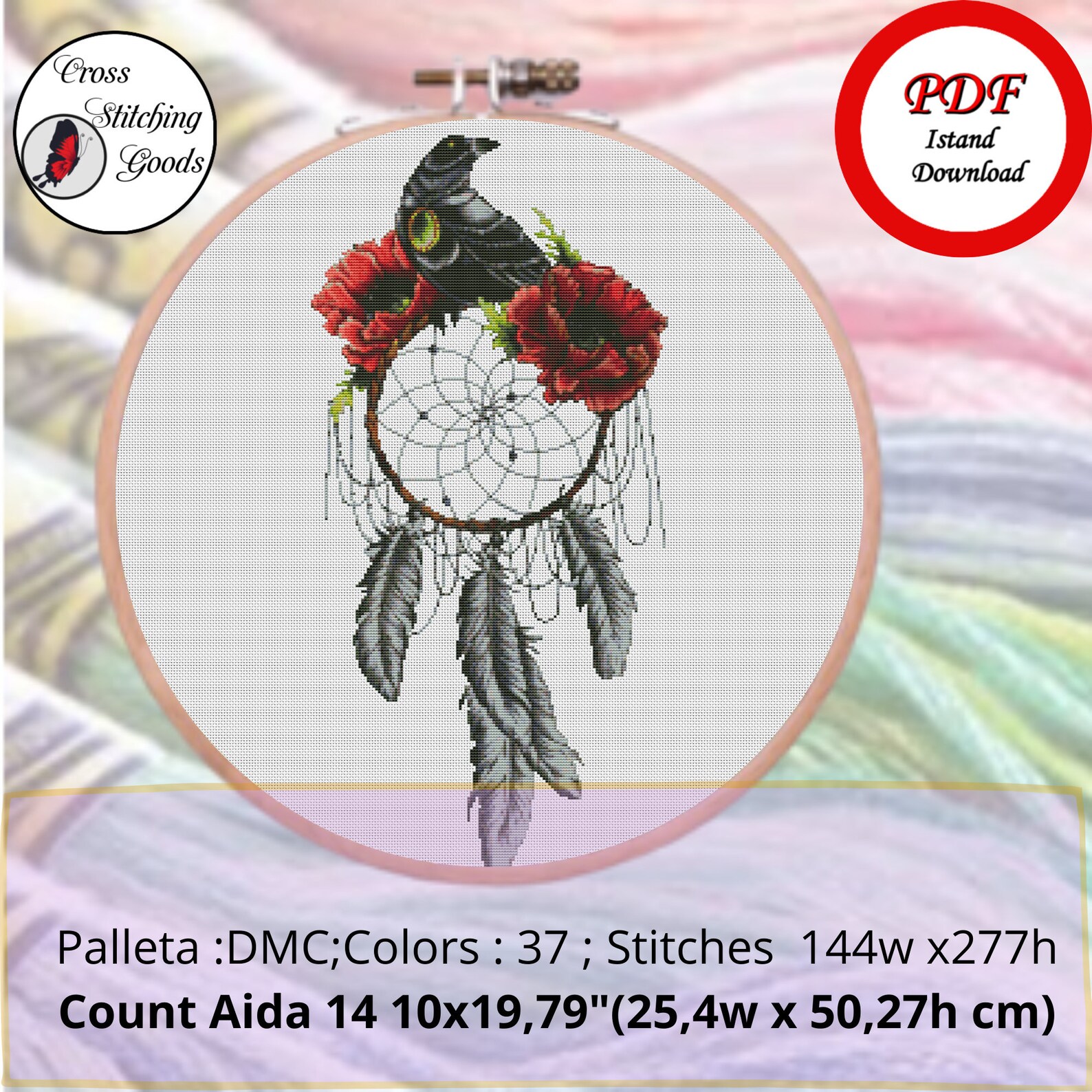 Raven , Trap for Dreams and Poppies Cross Stitch Pattern , Modern Cross ...