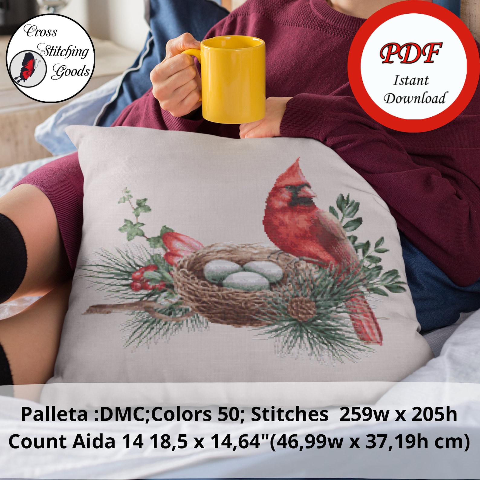 Red Cardinal Bird Cross Stitch Pattern , Easy Cross Stitch Pattern PDF ...