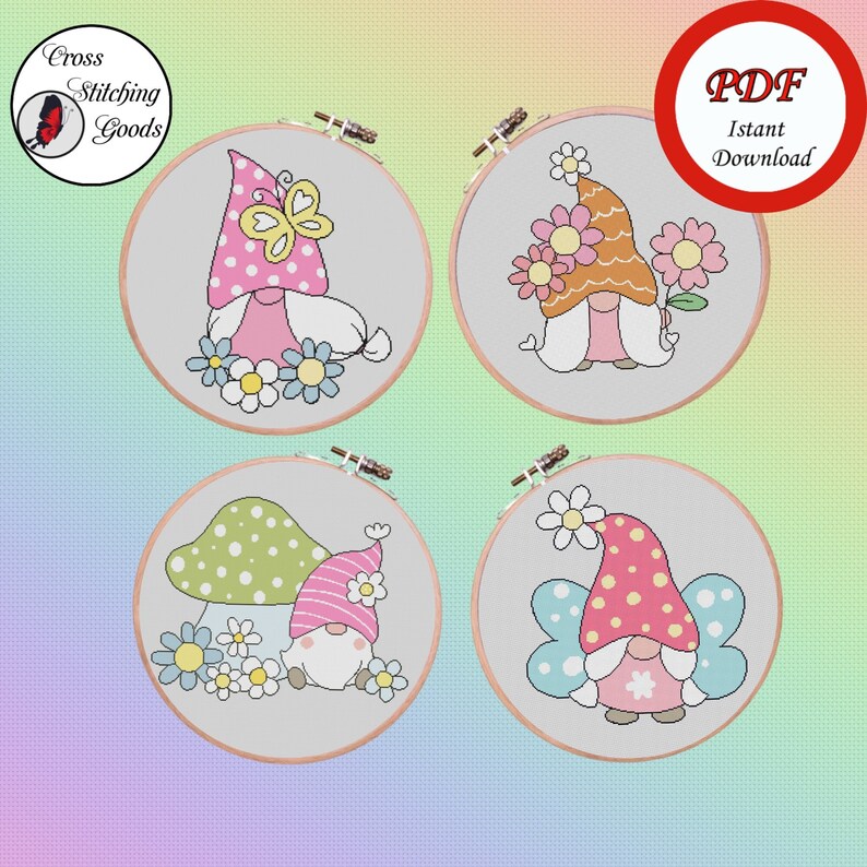 Spring Gnomes Set of 4 Gnomes Cross Stitch Patterns Modern - Etsy