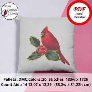 Cardinal and Holly Cross Stitch Pattern , Modern Cross Stitch Pattern ...