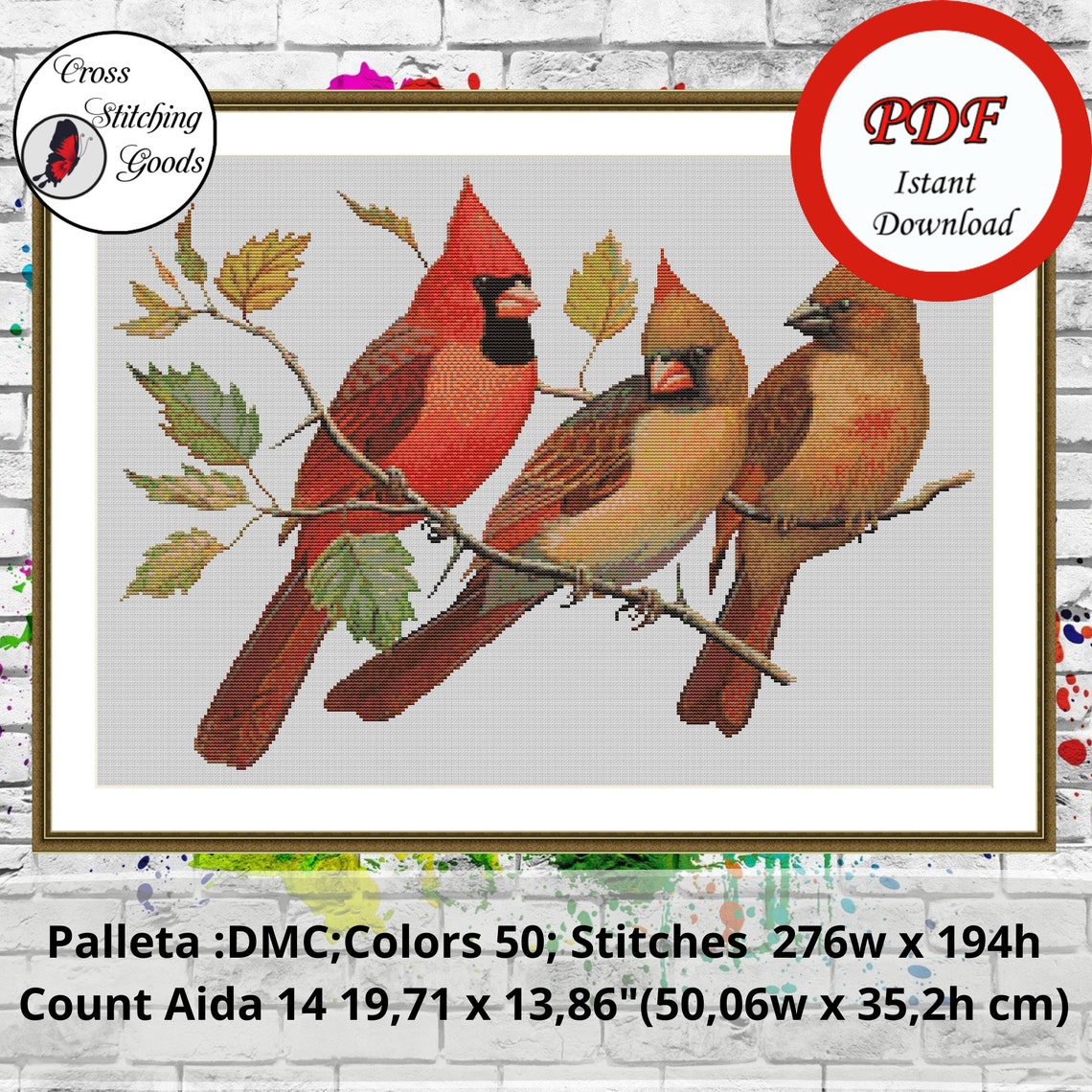 Autumn Three Cardinals Cross Stitch Pattern Easy Cross | Etsy