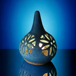 Ceramic Lantern - Blue Glaze - Incised Pattern - Night Light Lamp - Tea ...