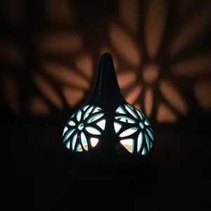 Ceramic Lantern - Blue Glaze - Incised Pattern - Night Light Lamp - Tea ...