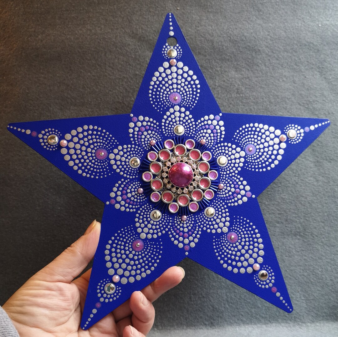 Large Blue, Silver & Pink Hanging Star- Wooden Christmas Decoration ...