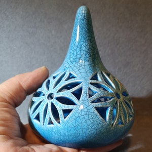 Ceramic Lantern - Blue Glaze - Incised Pattern - Night Light Lamp - Tea ...