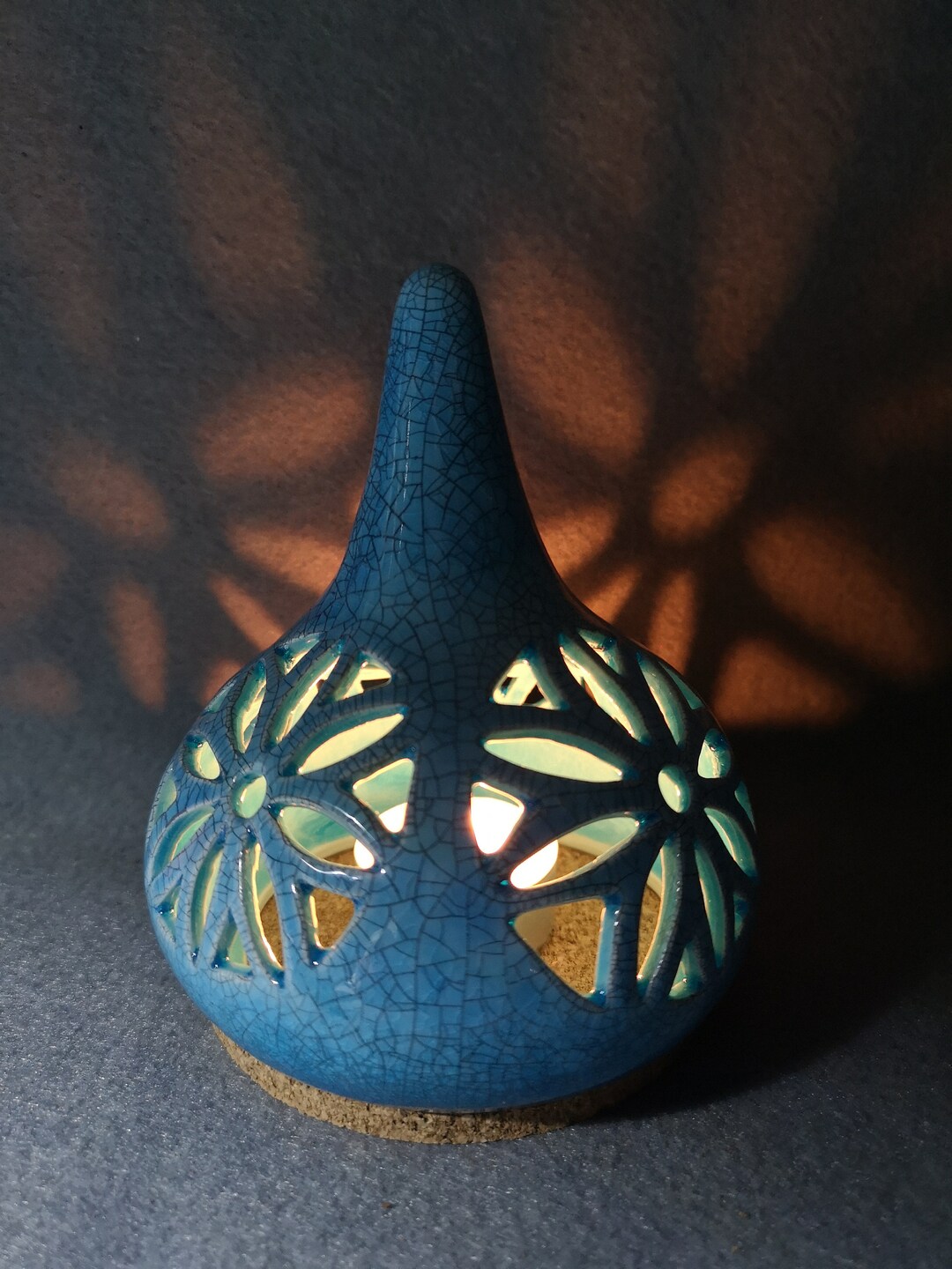 Ceramic Lantern - Blue Glaze - Incised Pattern - Night Light Lamp - Tea ...
