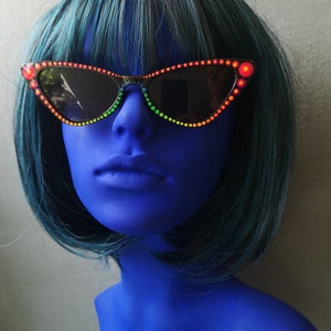 Neon Rave Accessory - Cateye Festival Sunnies - Rainbow Black Light UV ...