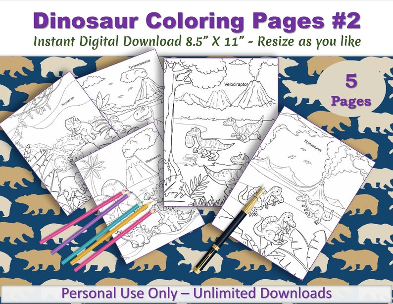 Coloring Pages for Kids, Dinosaurs and Jurassic Backgrounds INSTANT ...