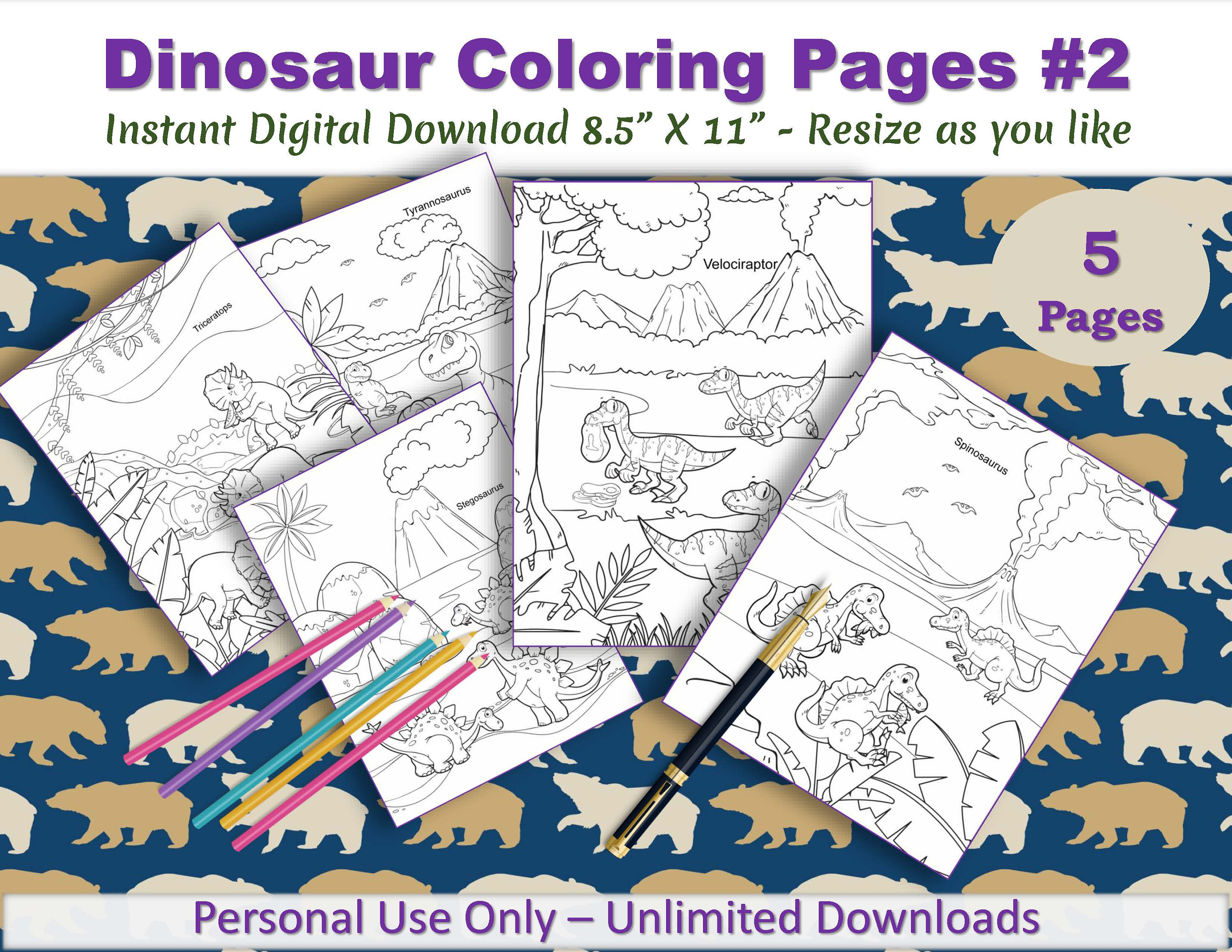 Coloring Pages for Kids, Dinosaurs and Jurassic Backgrounds INSTANT ...