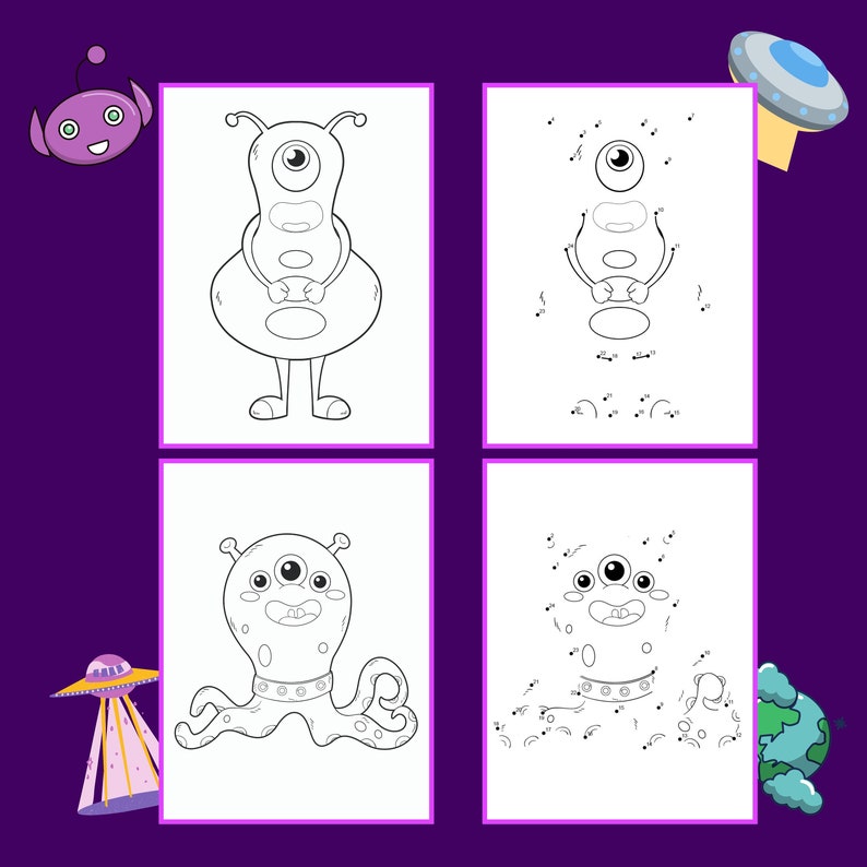 10 Aliens Coloring Pages and Dot 2 Dot Puzzles Set 2 INSTANT | Etsy