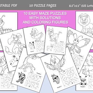 10 Maze Puzzles With Solutions and Cute Figures to Color | Easy Maze ...