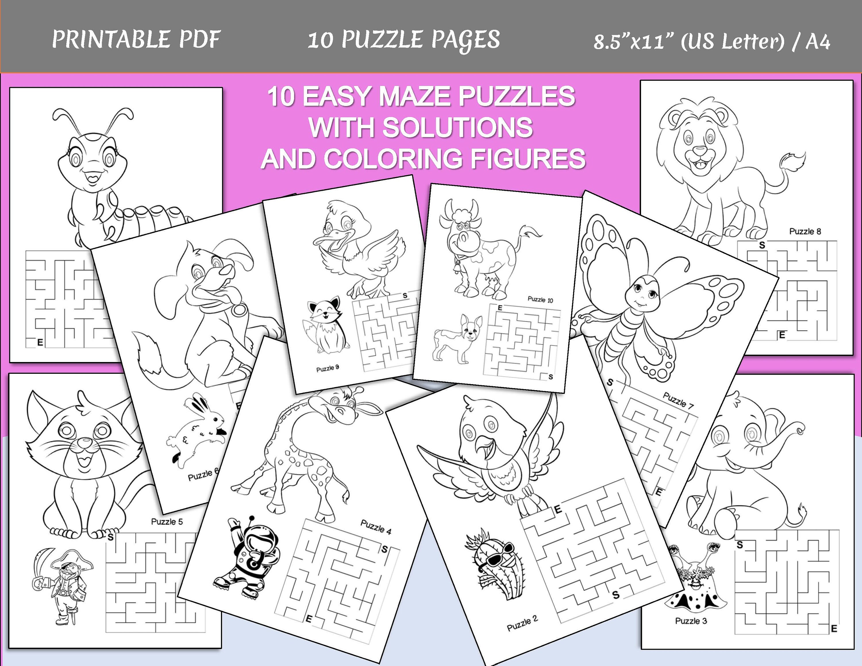 10 Maze Puzzles With Solutions and Cute Figures to Color | Easy Maze ...