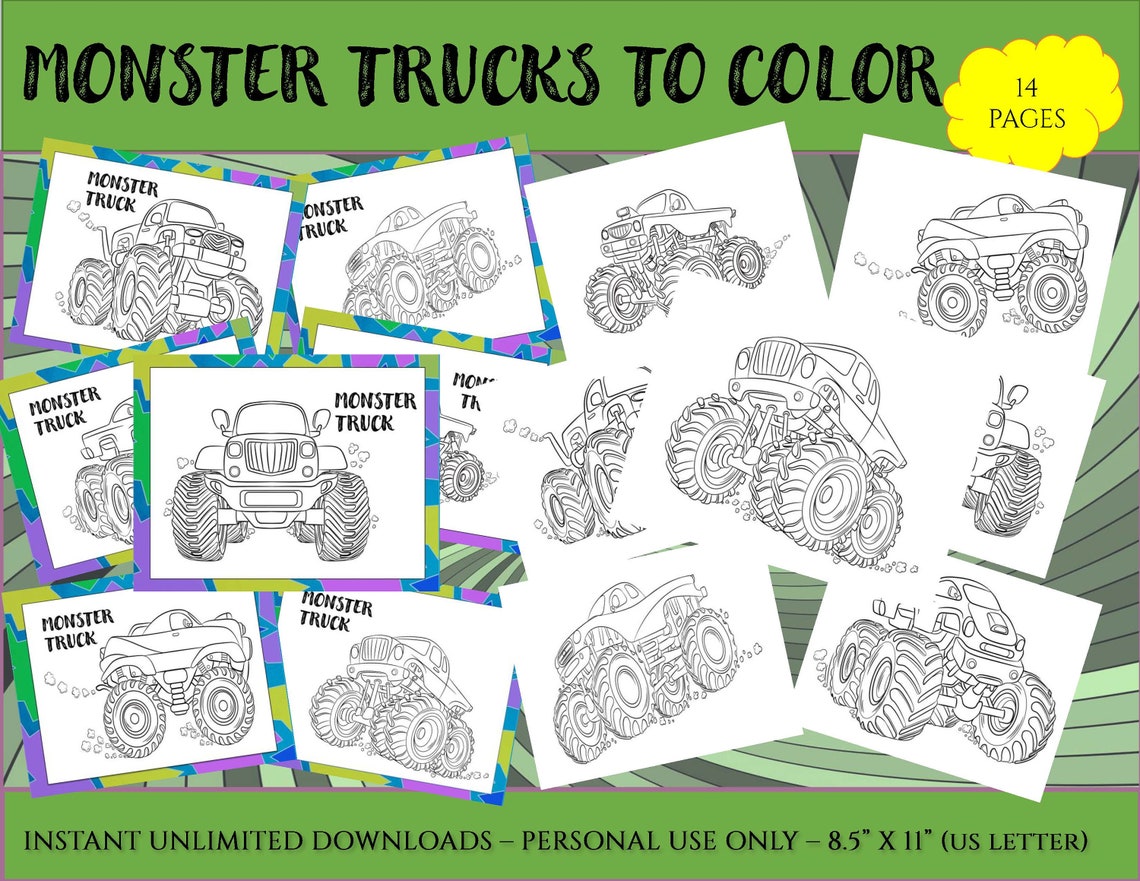 Monster Trucks Coloring Pages - Instant Download, PDF Printables, 8 ...
