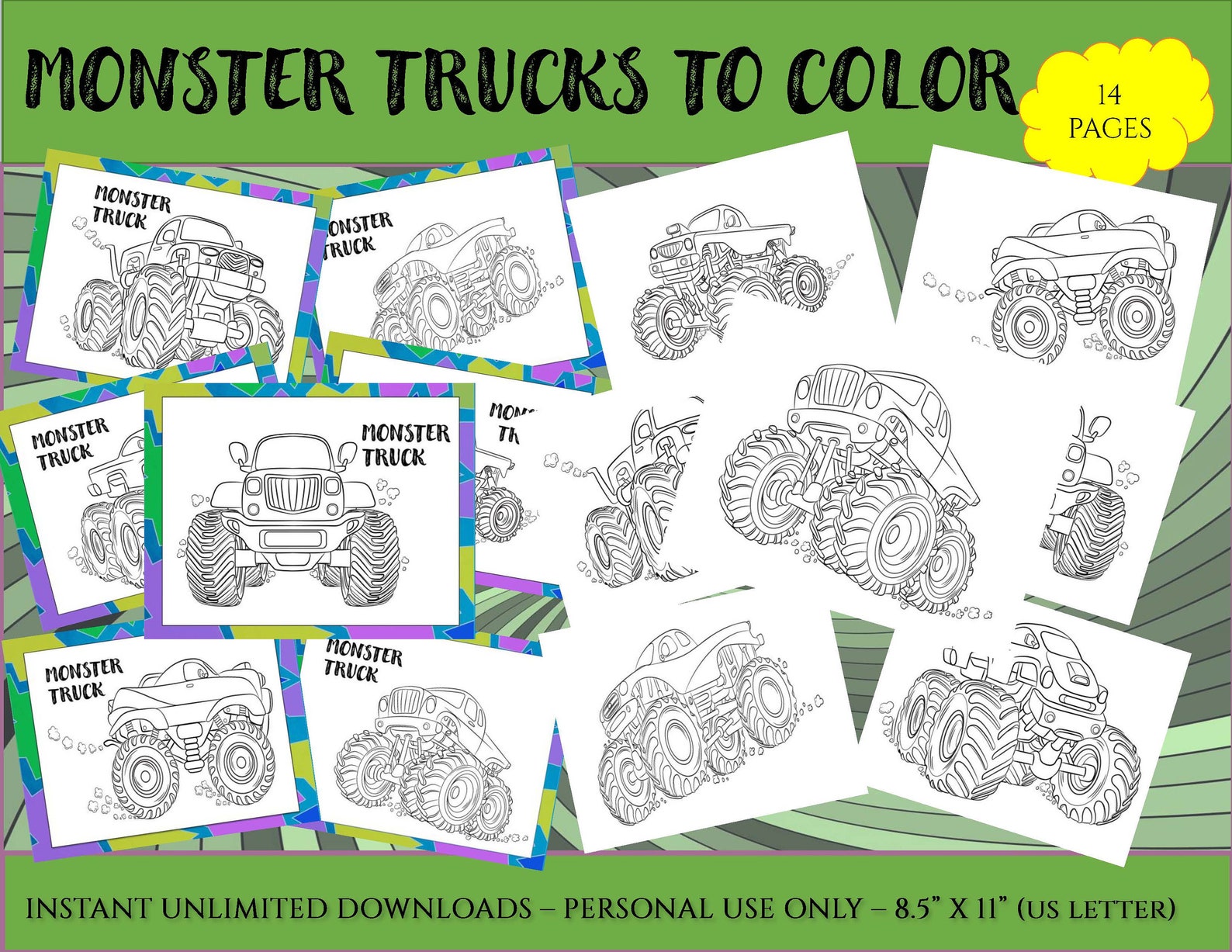 Monster Trucks Coloring Pages - Instant Download, PDF Printables, 8 ...