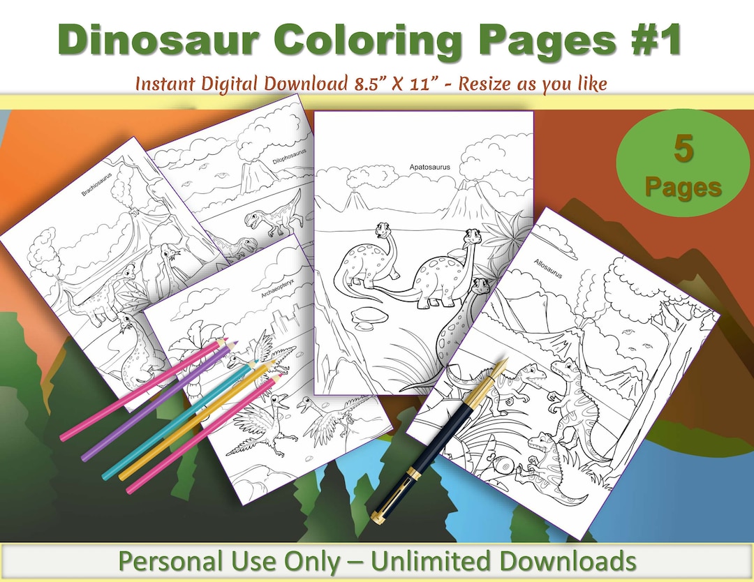 Coloring Pages for Kids, 5 Printable Dinosaur Colouring Sheets With ...